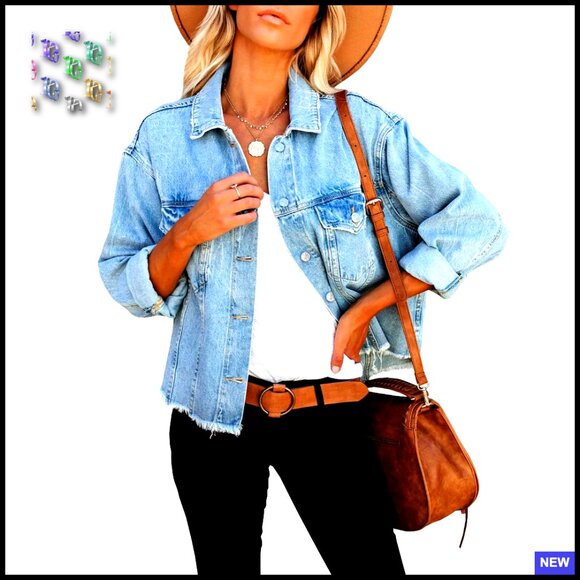Jackets & Coats | Cropped Denim Jacket Frayed Washed Button Up Vintage ...